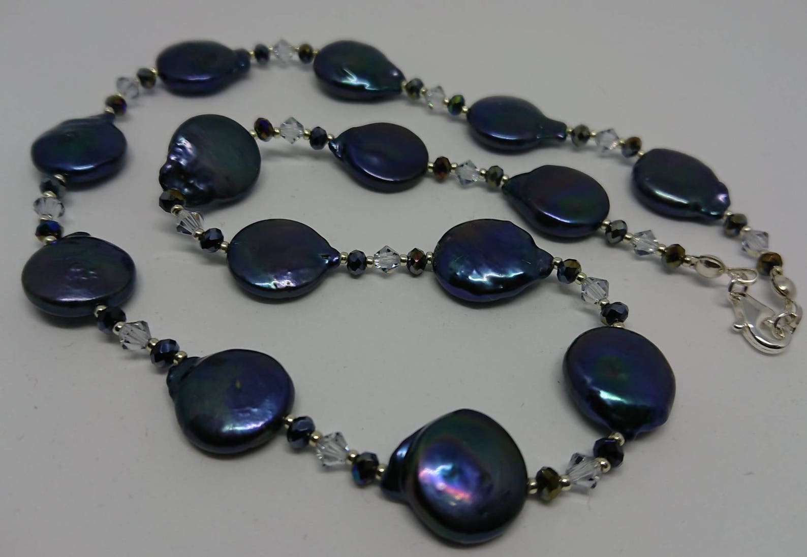Handmade Midnight Blue Freshwater Coin Pearl and Swarovski Crystal ...