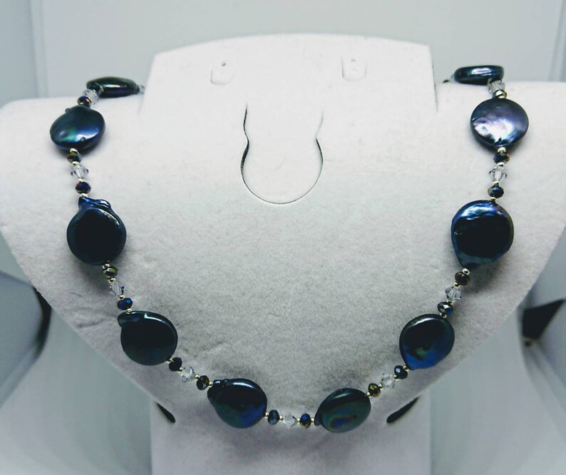 Handmade Midnight Blue Freshwater Coin Pearl and Swarovski Crystal ...