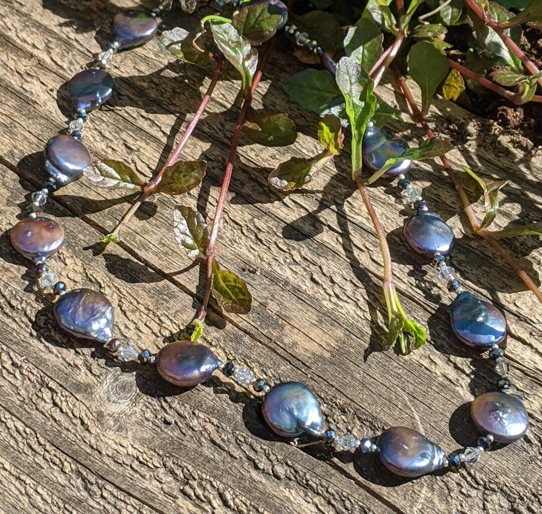 Handmade Midnight Blue Freshwater Coin Pearl and Swarovski Crystal ...