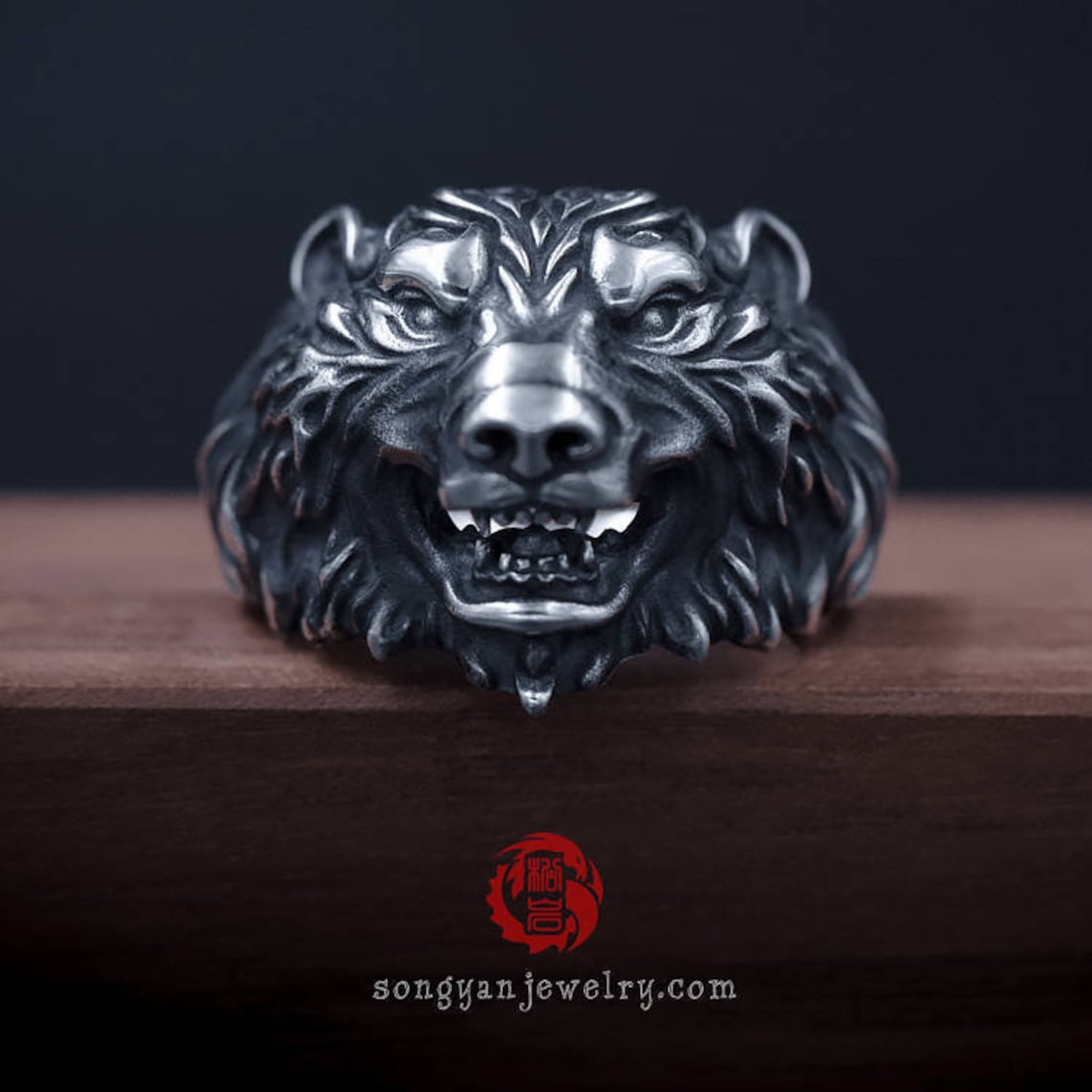 Sterling Silver Bear Ring Mens Bear Head Ring Oxidized Men - Etsy