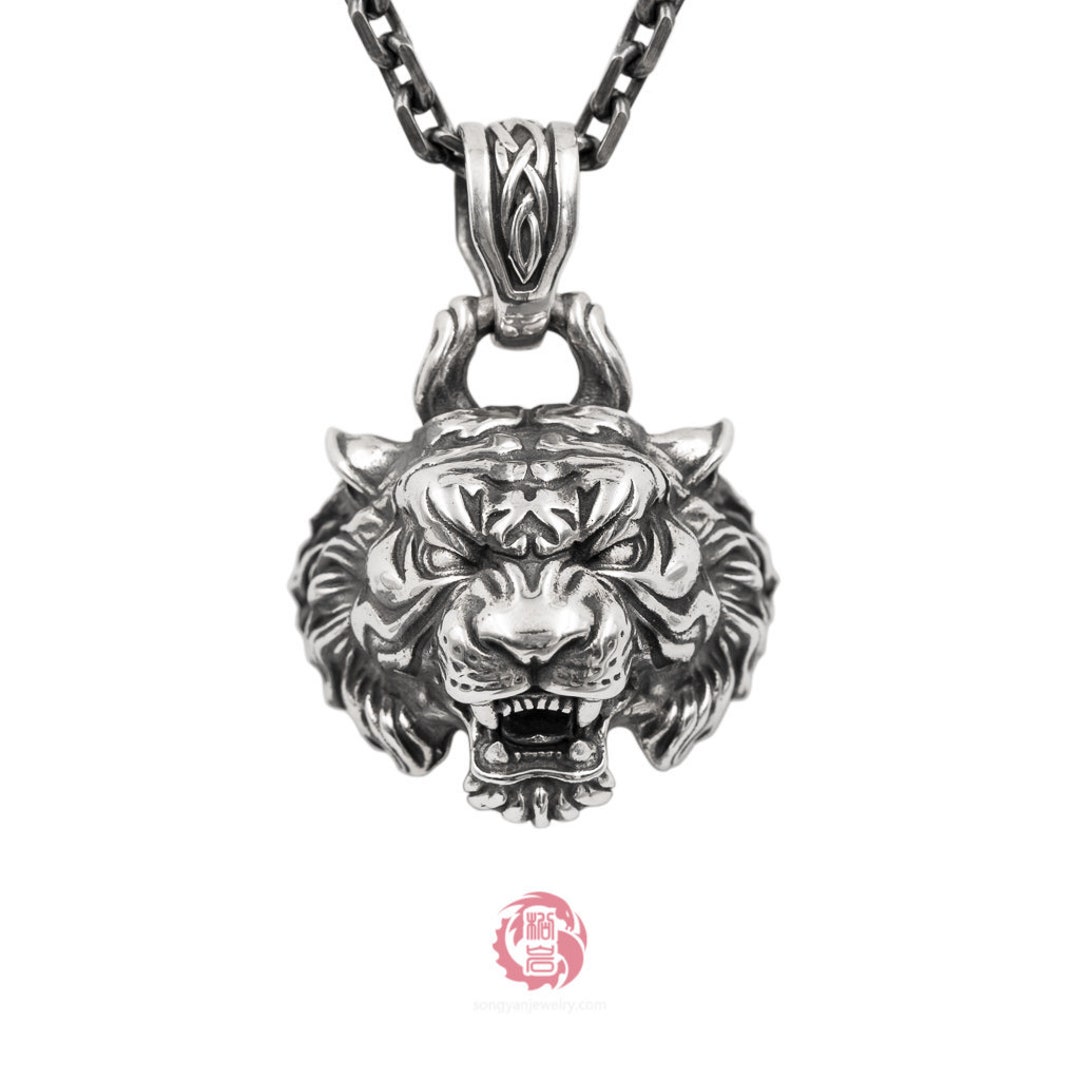 Tiger Necklace, Tiger Head Pendant, Silver Animal Pendant, Silver Chain ...