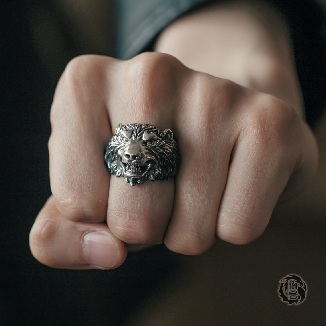 Sterling Silver Bear Ring Mens Bear Head Ring Oxidized Men - Etsy
