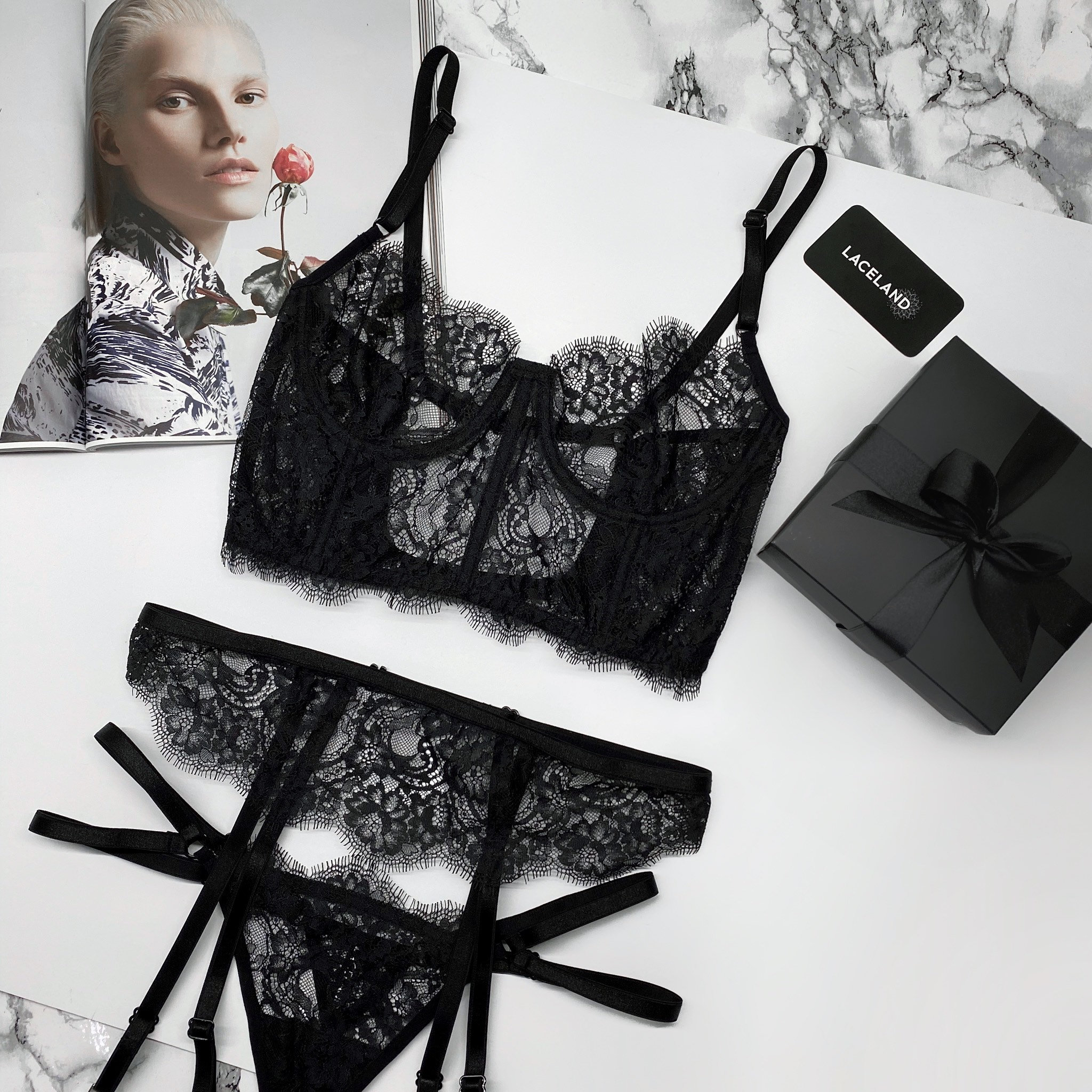 Black Lace Lingerie Setharness Setcorset Lingerie Etsy