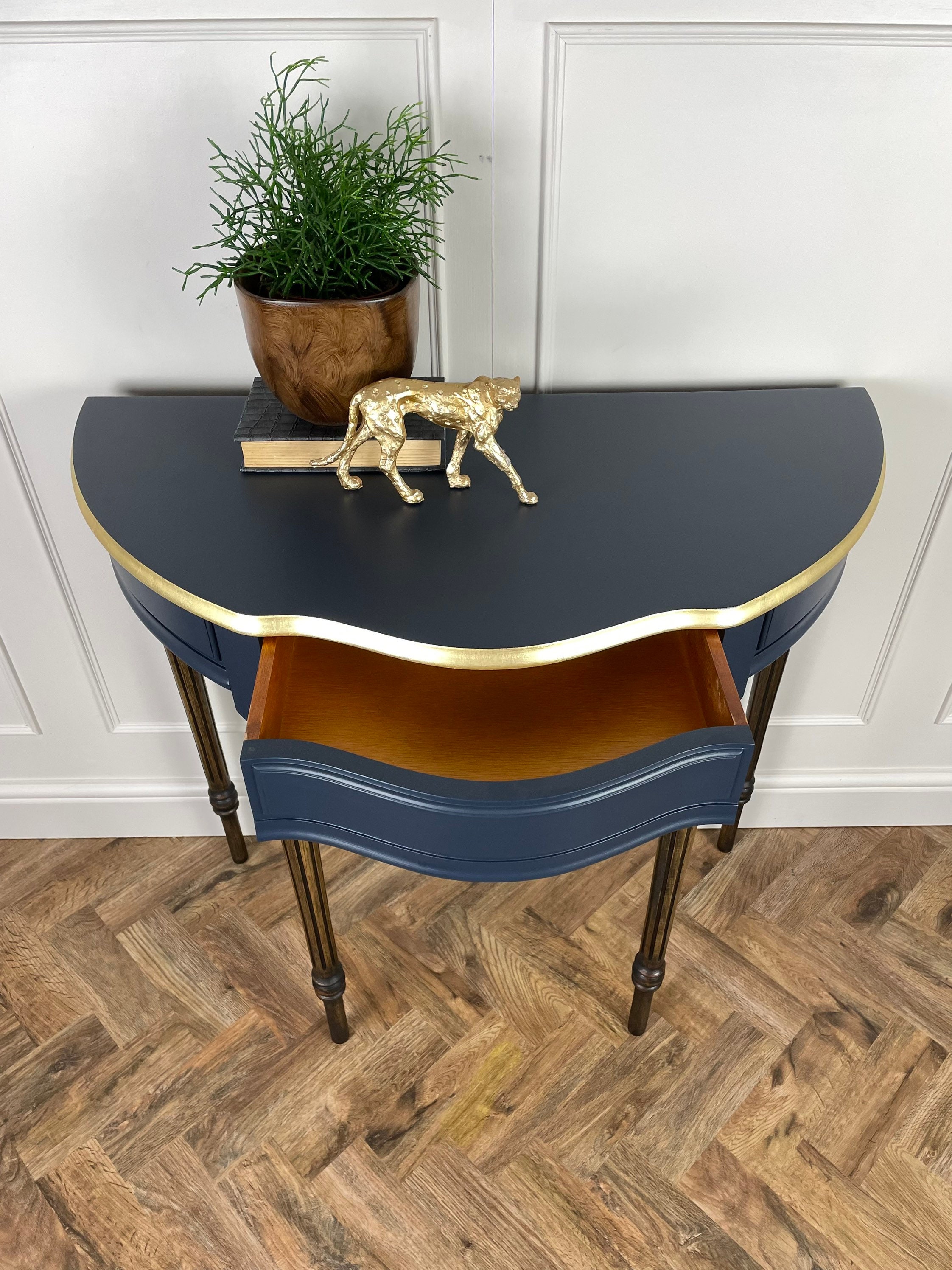Blue Painted Demi Lune Table, Vintage Console Table, Gold Leaf Table ...