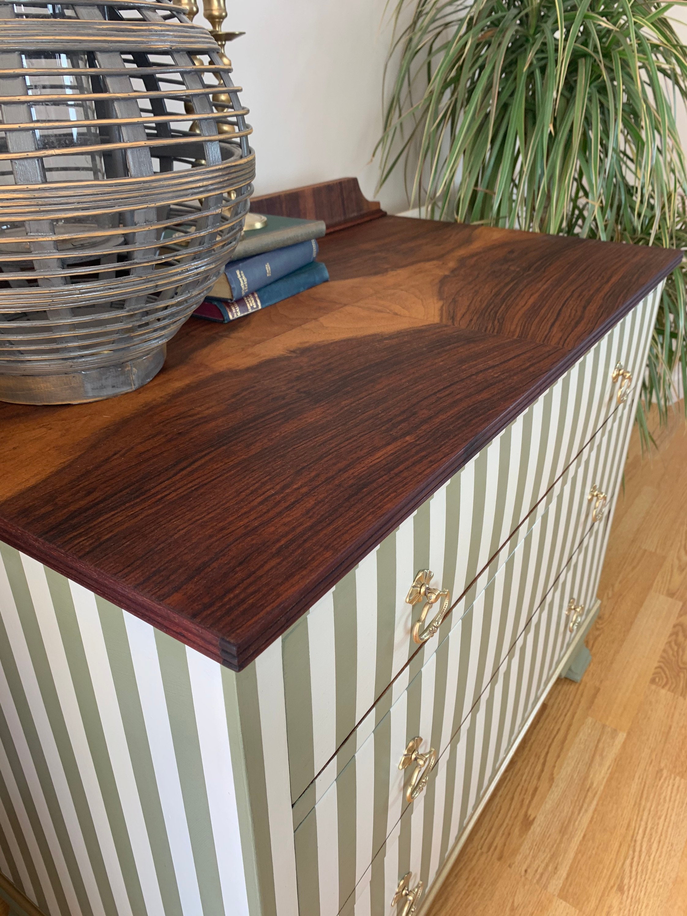 Striped White and Green Vintage Chest of Drawers With Brass - Etsy UK