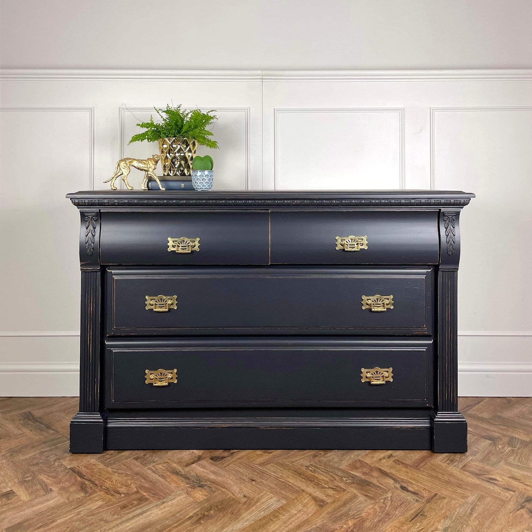 Vintage Black Painted Chest of Drawers, Carved Detailed Dresser ...