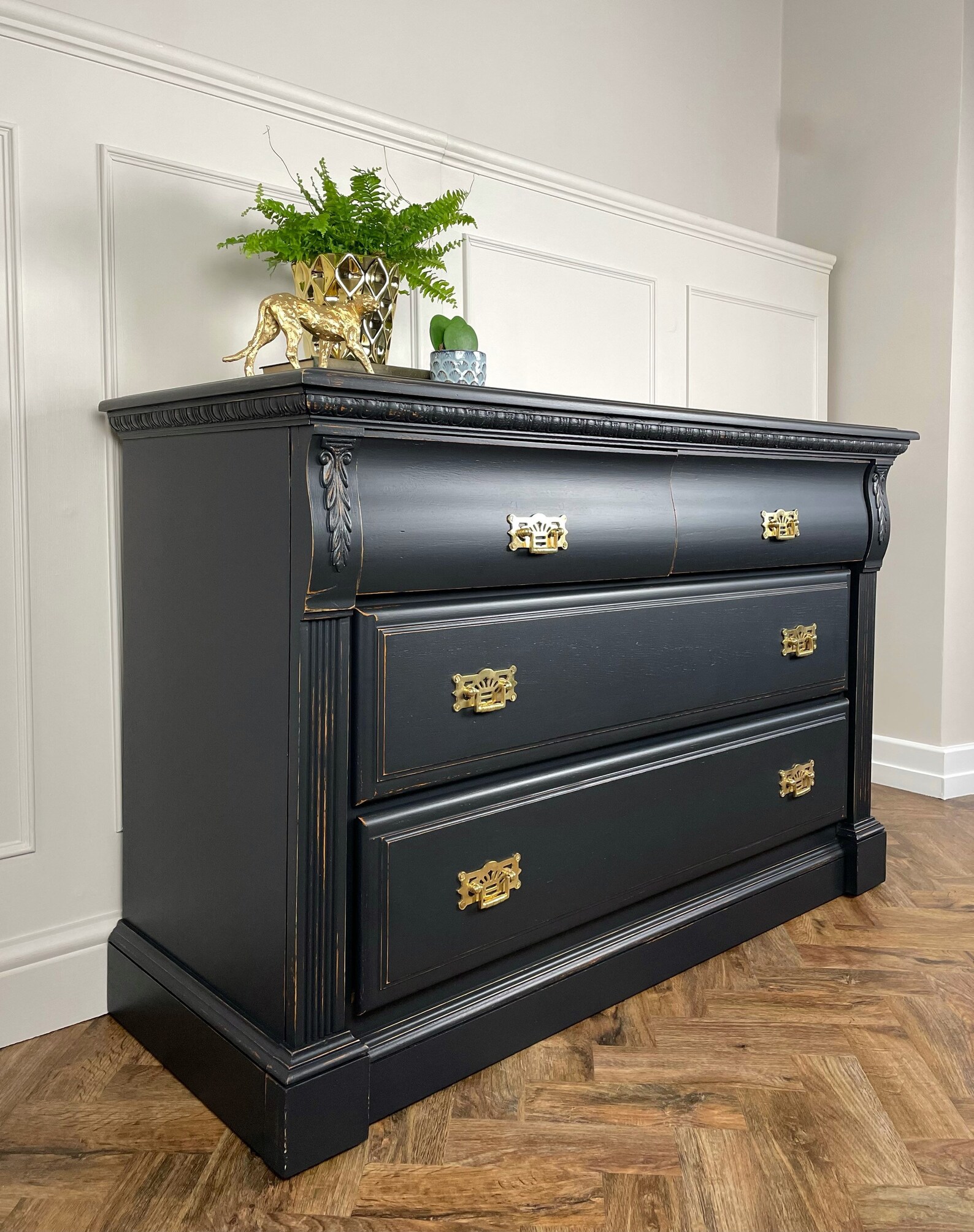 Vintage Black Painted Chest of Drawers Carved Detailed - Etsy UK