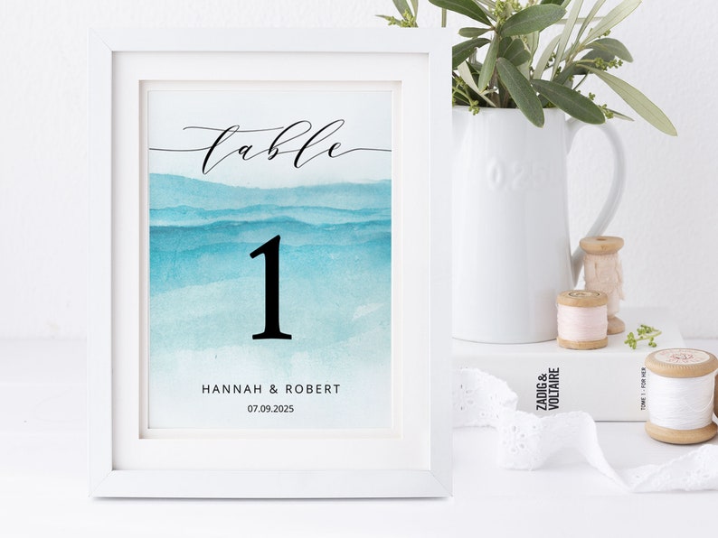 BEACH Wedding Table Numbers Template Printable Blue Water - Etsy