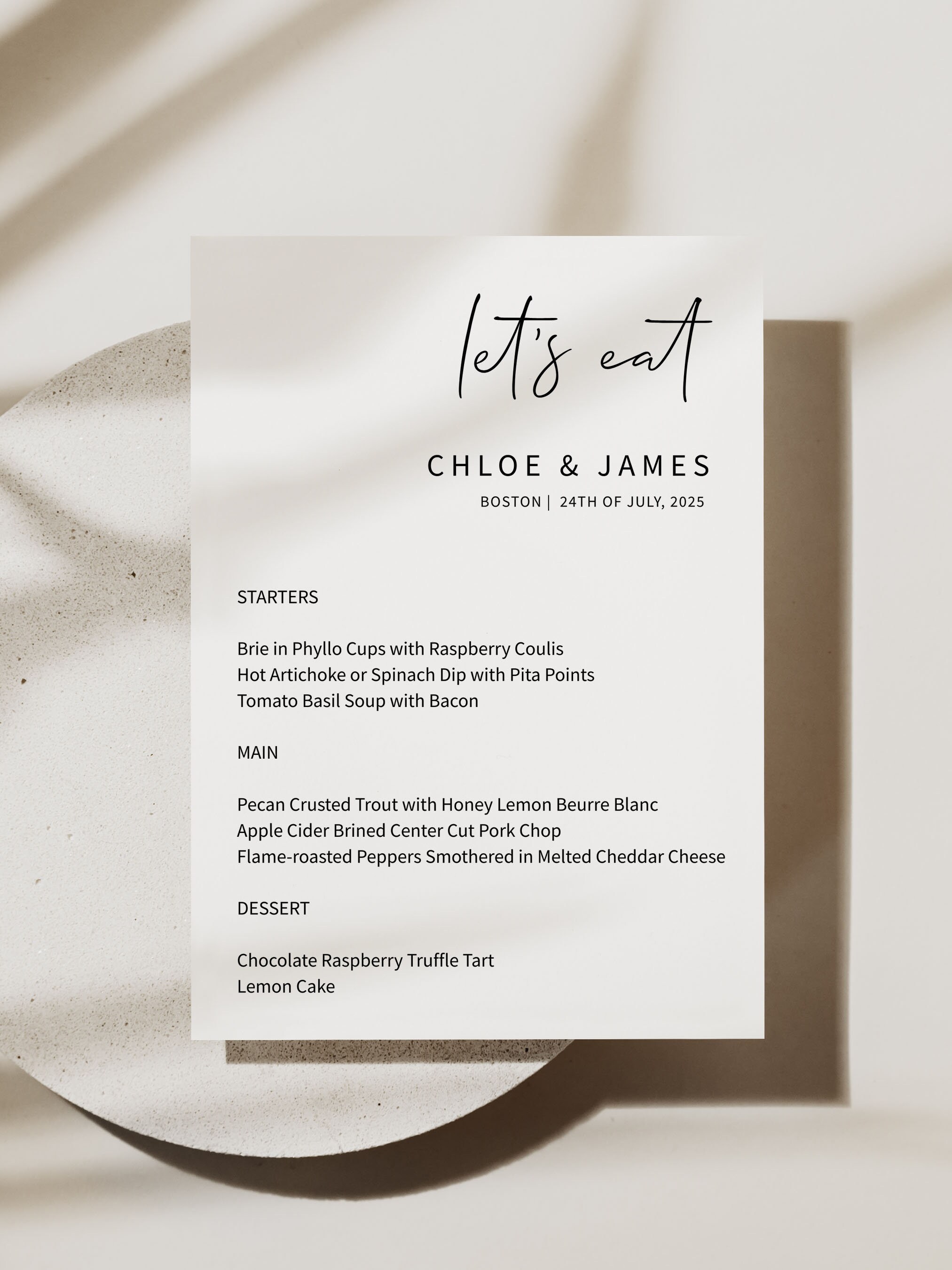 MINIMALIST Menu Cards Printable Template Simple Wedding | Etsy