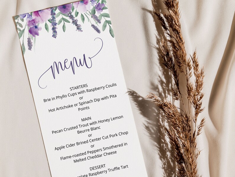 PURPLE Menu Card Template Printable Wedding Décor Digital - Etsy