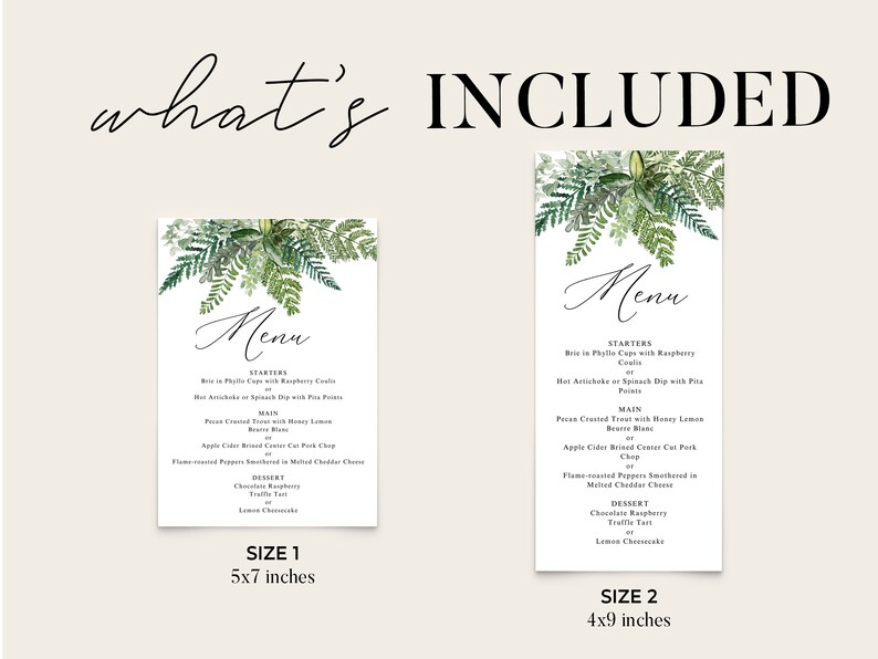 FERN | Menu Cards, Printable Template, Forest Greenery, Digital ...