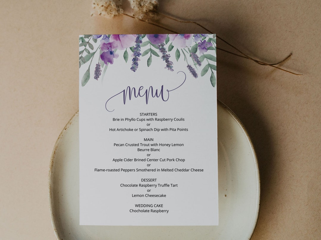 PURPLE Menu Card Template Printable Wedding Décor, Digital Download - Etsy