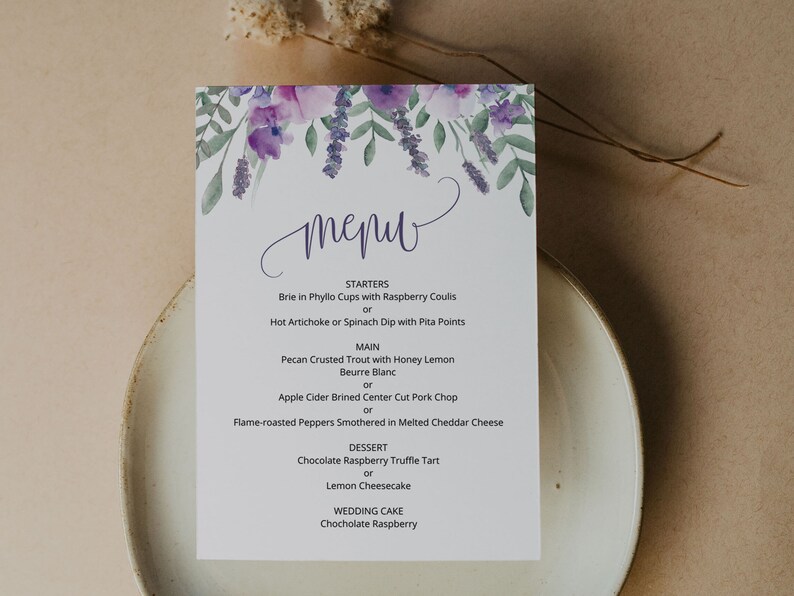 PURPLE Menu Card Template Printable Wedding Décor Digital - Etsy