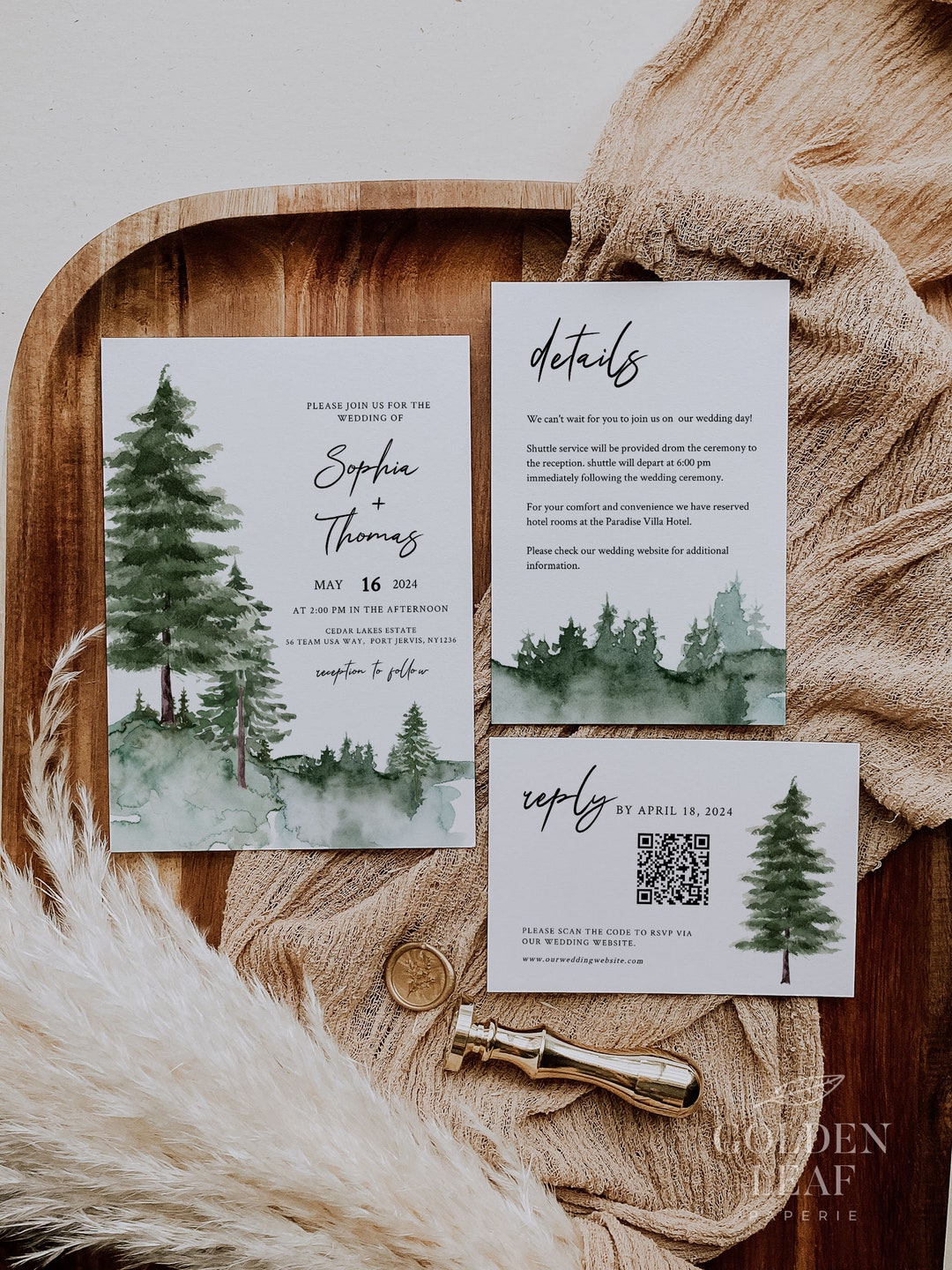 PINE TREE | Wedding Invitation Set QR Code, Printable Template, Green ...