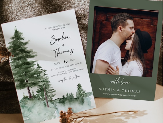 PINE TREE Wedding Invitation Template With Photo Printable - Etsy