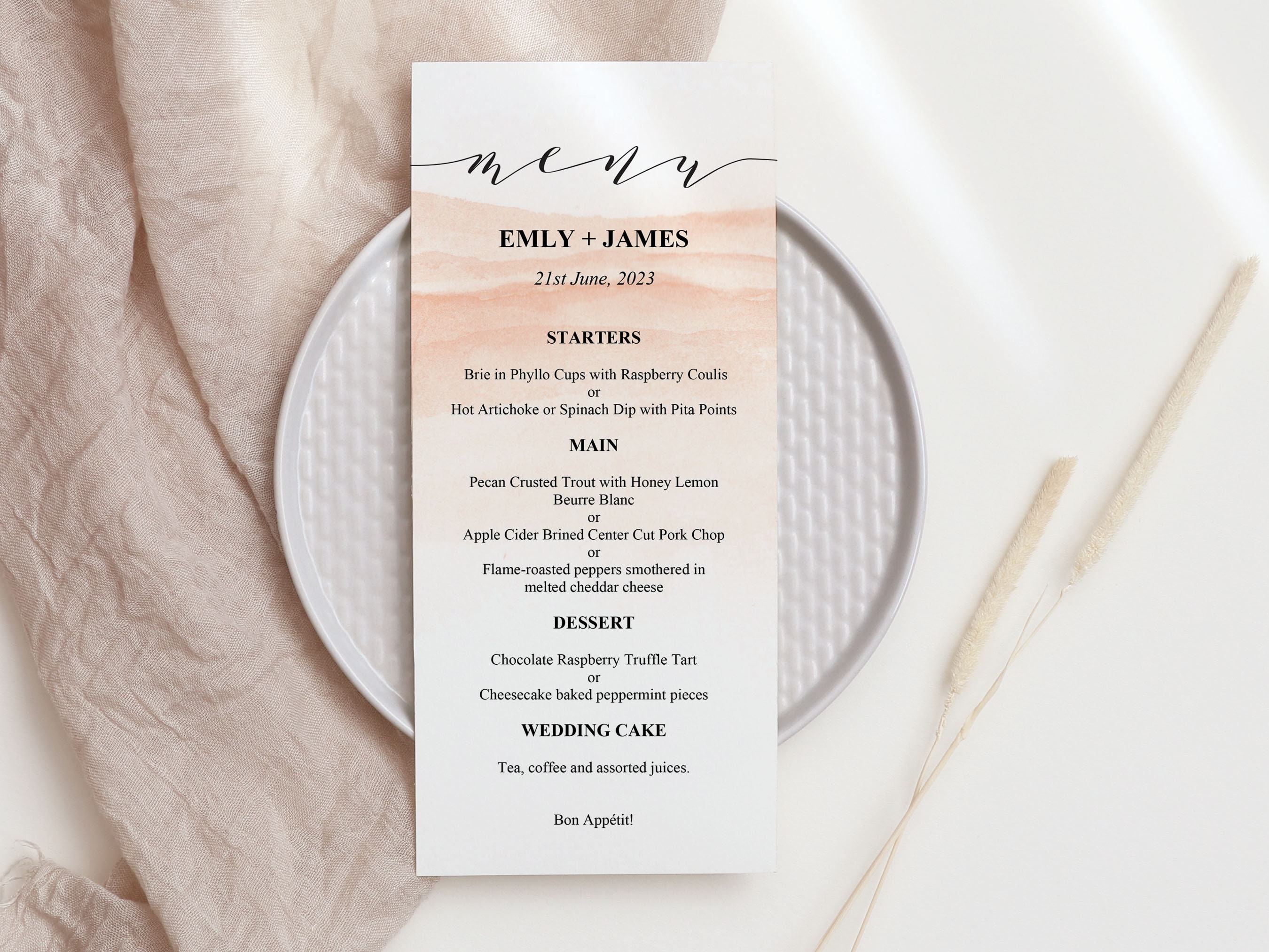 PEACH Wedding Menu Cards Printable Template INSTANT | Etsy