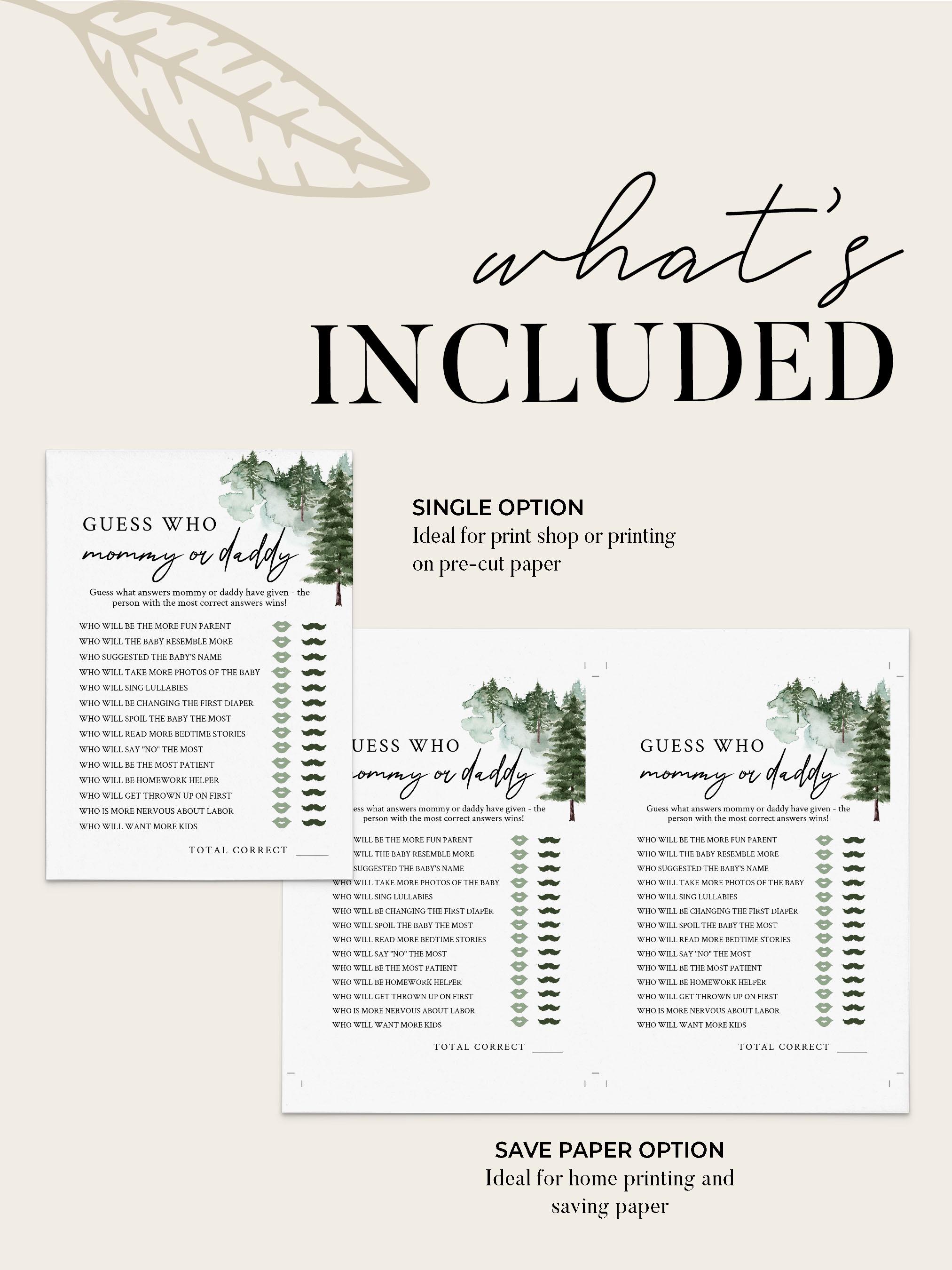 PINE TREE | Guess Who Mommy or Daddy, Forest Baby Shower Game Cards ...