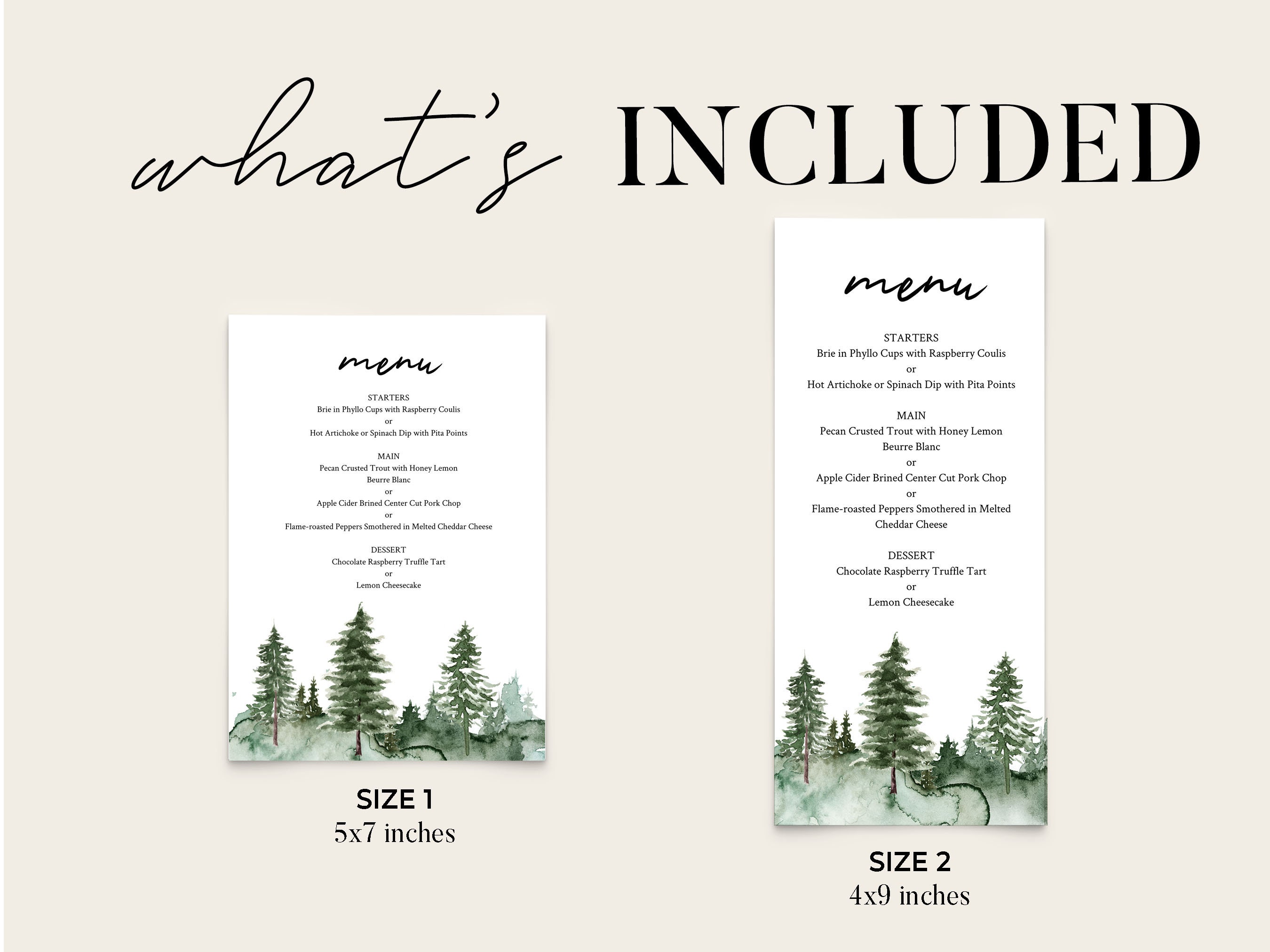 PINE TREE Menu Cards Printable Template Green Forest - Etsy