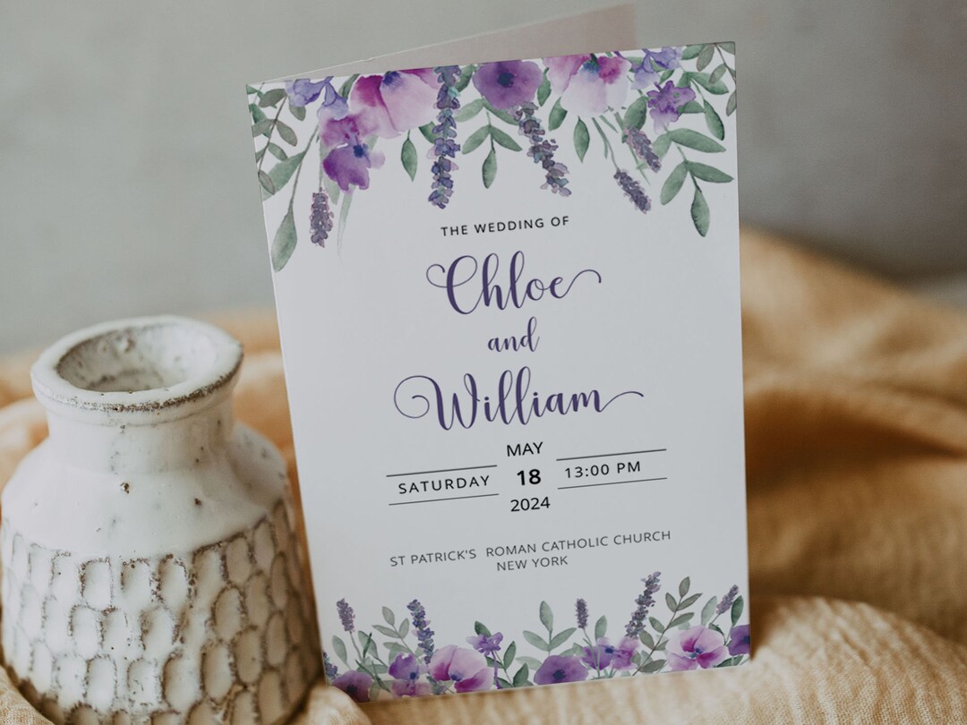 PURPLE | Wedding Program Booklet Template, Printable, Lavender Floral ...