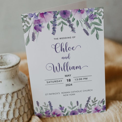 Purple Floral Wedding Program Template Printable Plum Floral - Etsy