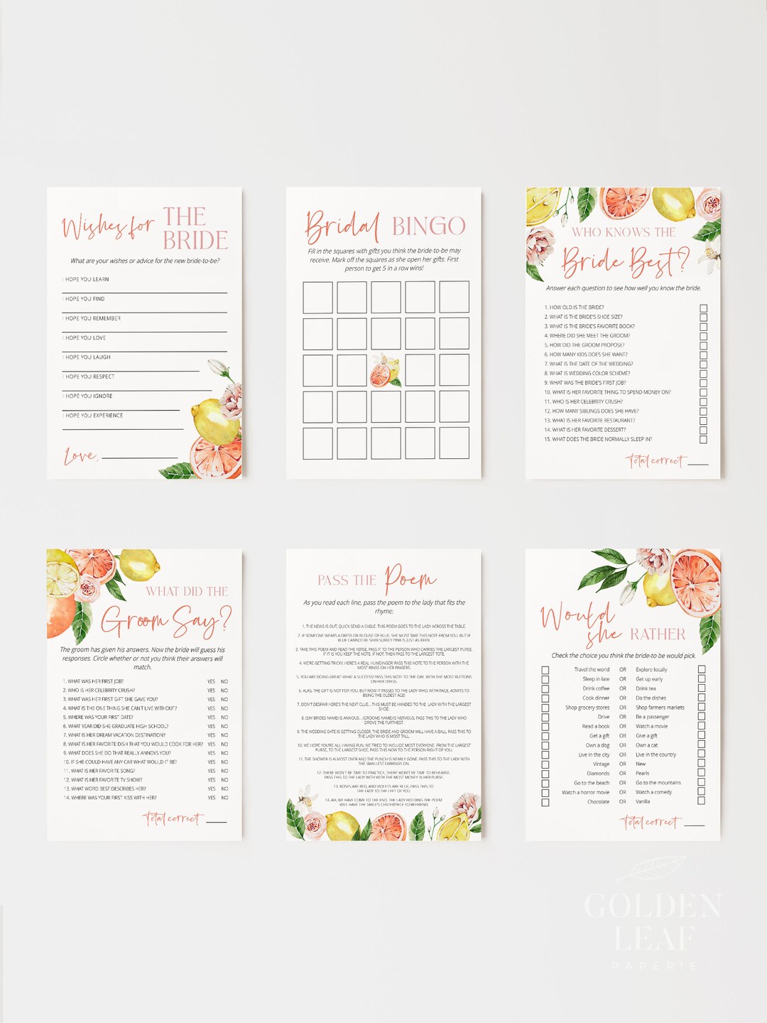 CITRUS | Bridal Shower Games Bundle, Printable Editable Templates, Main ...