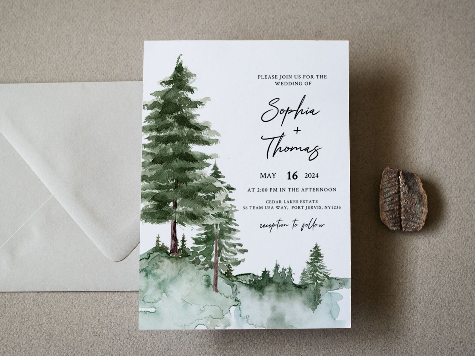 PINE TREE | Wedding Invitation Template With Photo, Printable, Green ...