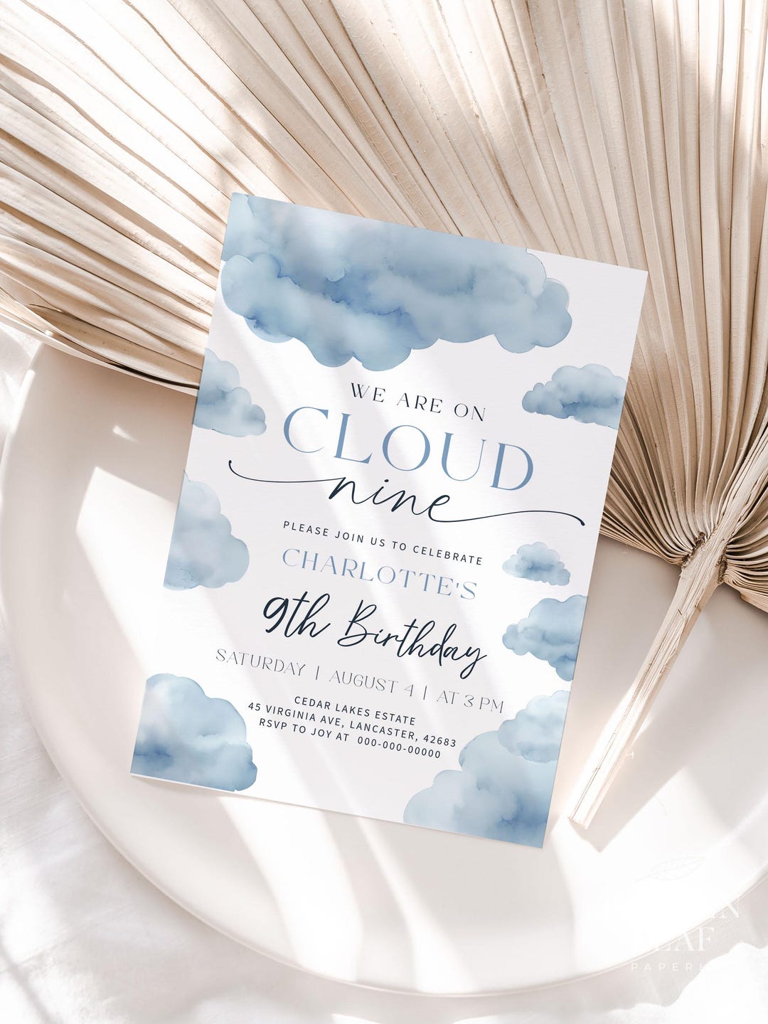 ON CLOUD NINE | Birthday Invitation Template, Printable, Dusty Blue, on ...