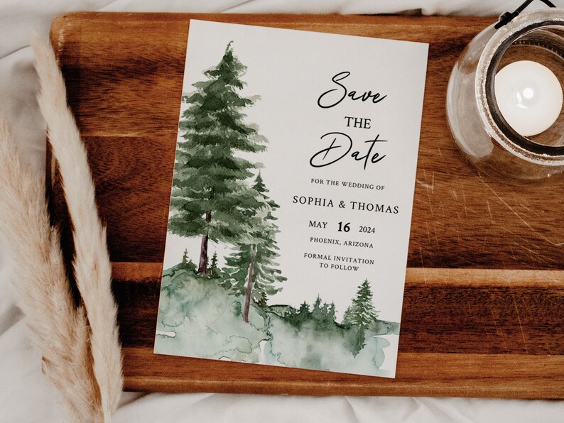 PINE TREE | Save the Date Template With Photo, Printable, Green Forest ...