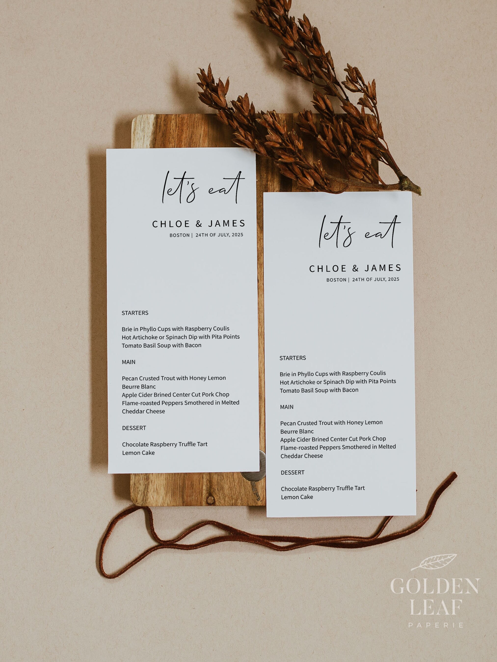 MINIMALIST Menu Cards Printable Template Simple Wedding | Etsy