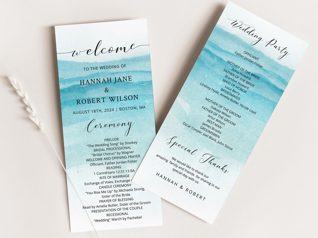 BEACH | Wedding Program, Printable Template, Blue Water, Digital ...