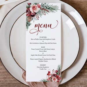 CHRISTMAS | Menu Cards, Printable Template, Pine Tree & Burgundy ...
