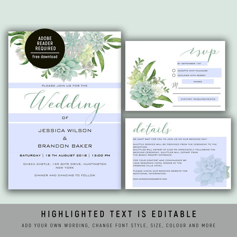 Succulent Wedding Invitation Set Template Download Printable | Etsy