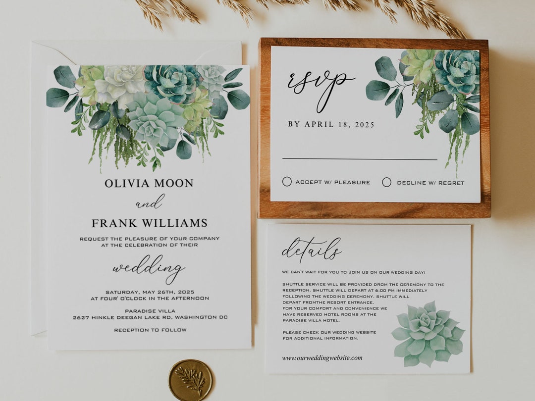 SUCCULENT | Wedding Invitation Set Template, Printable Boho Greenery ...