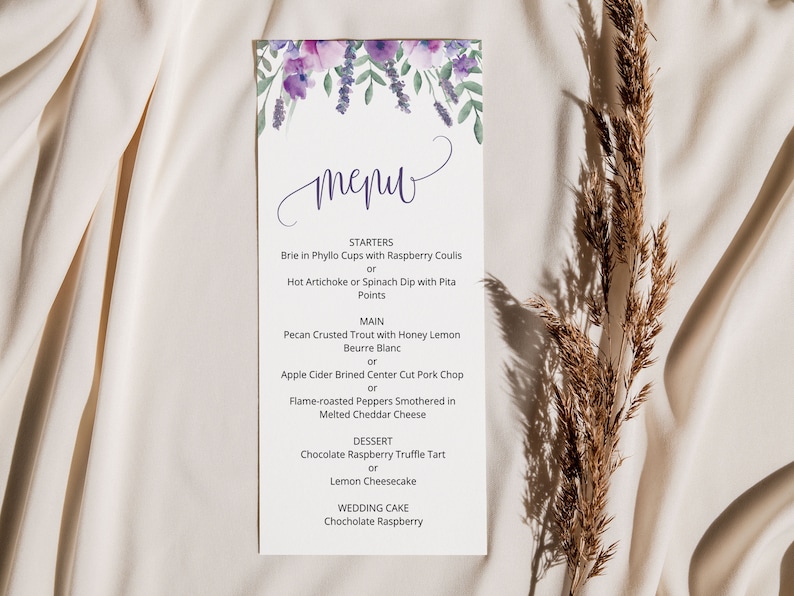 PURPLE Menu Card Template Printable Wedding Décor Digital - Etsy
