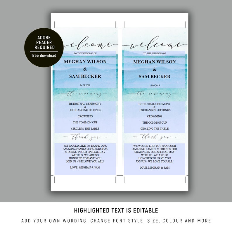 BEACH Wedding Program Printable Template Editable Blue | Etsy