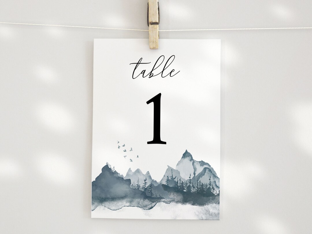 MOUNTAIN | Table Numbers, Printable Template, Blue Watercolor, Instant ...