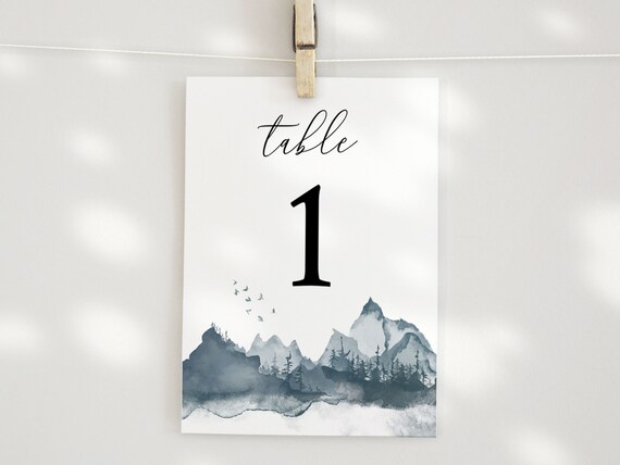 MOUNTAIN Table Numbers Printable Template Blue Watercolor - Etsy