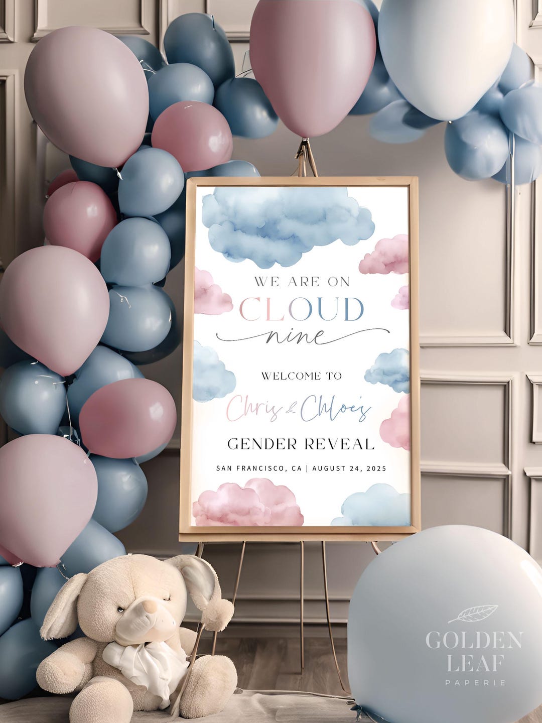 ON CLOUD NINE | Gender Reveal Welcome Sign Template, Dusty Blue & Blush ...
