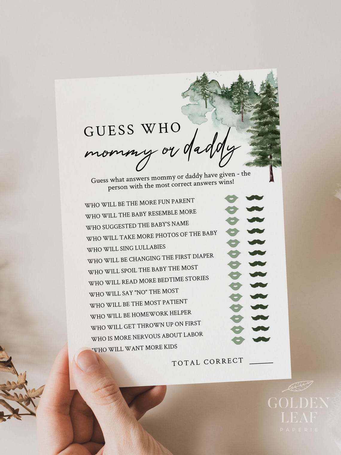 PINE TREE | Guess Who Mommy or Daddy, Forest Baby Shower Game Cards ...