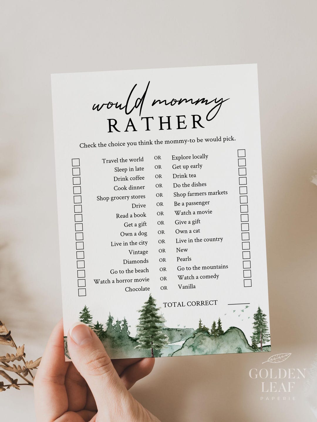 PINE TREE | Would Mommy Rather, Baby Shower Game Cards, Templates ...