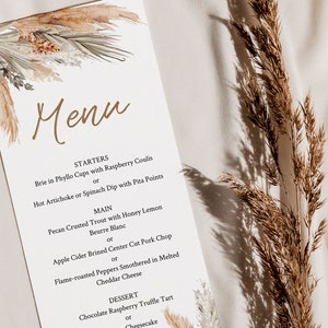 PAMPAS GRASS | Menu Cards, Printable Template, Boho Themed, Instant ...