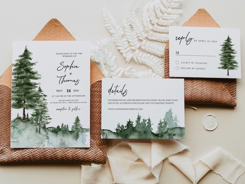 PINE TREE Wedding Invitation Set Printable Template Green - Etsy