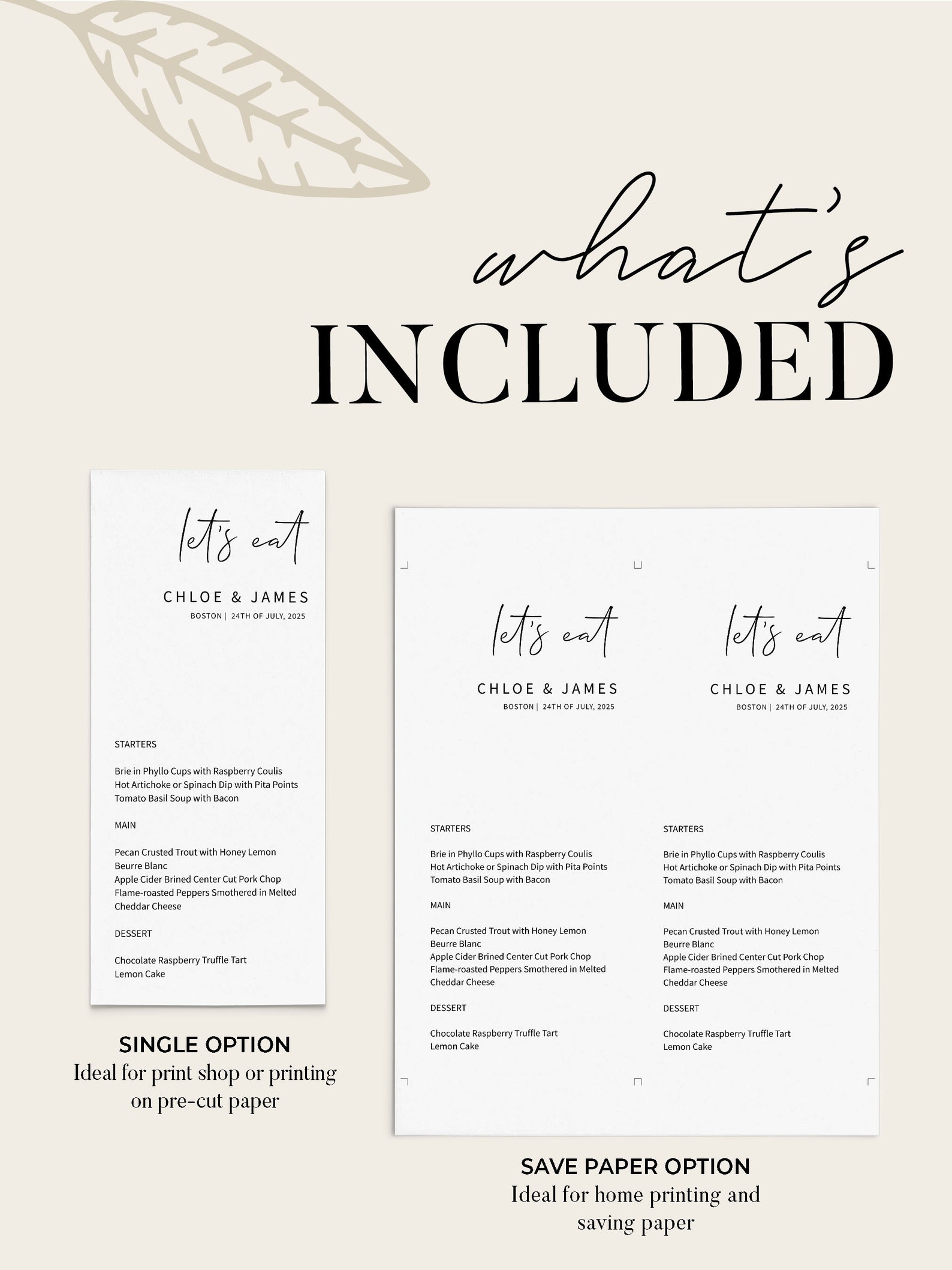 MINIMALIST Menu Cards Printable Template Simple Wedding | Etsy