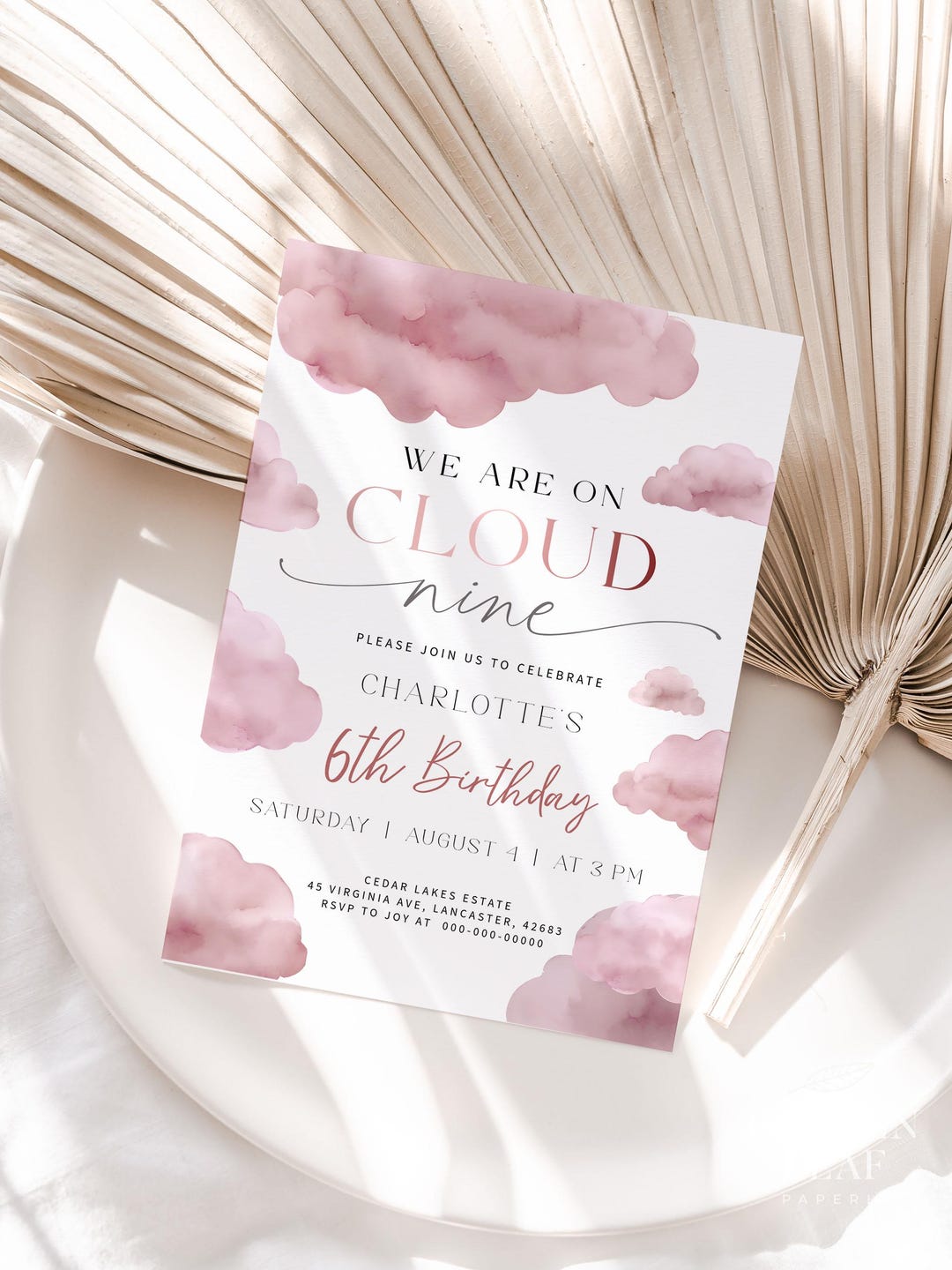 ON CLOUD NINE | Birthday Invitation Template, Printable, Pink, Girl, on ...