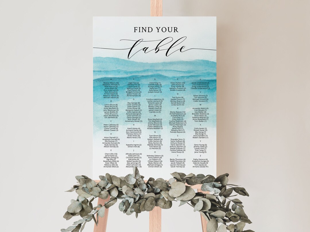 BEACH | Wedding Seating Chart Template, Printable, Alphabetical Order ...