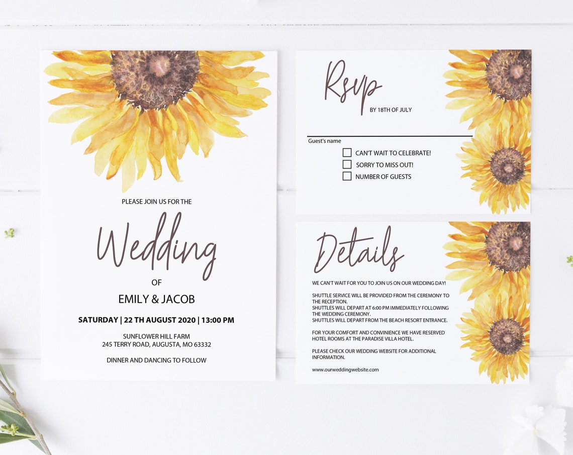 Sunflower Wedding Invitation Set Template Printable INSTANT | Etsy