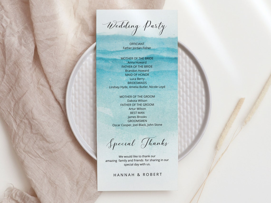BEACH Wedding Program Printable Template Blue Water - Etsy