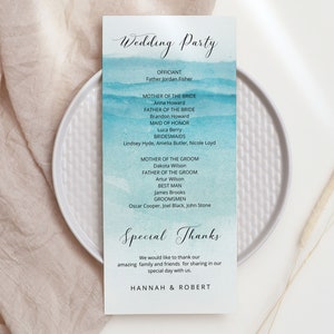 BEACH | Wedding Program, Printable Template, Blue Water, Digital ...