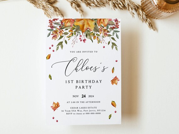 FALL LEAVES Birthday Invitation Template Rustic Autumn | Etsy