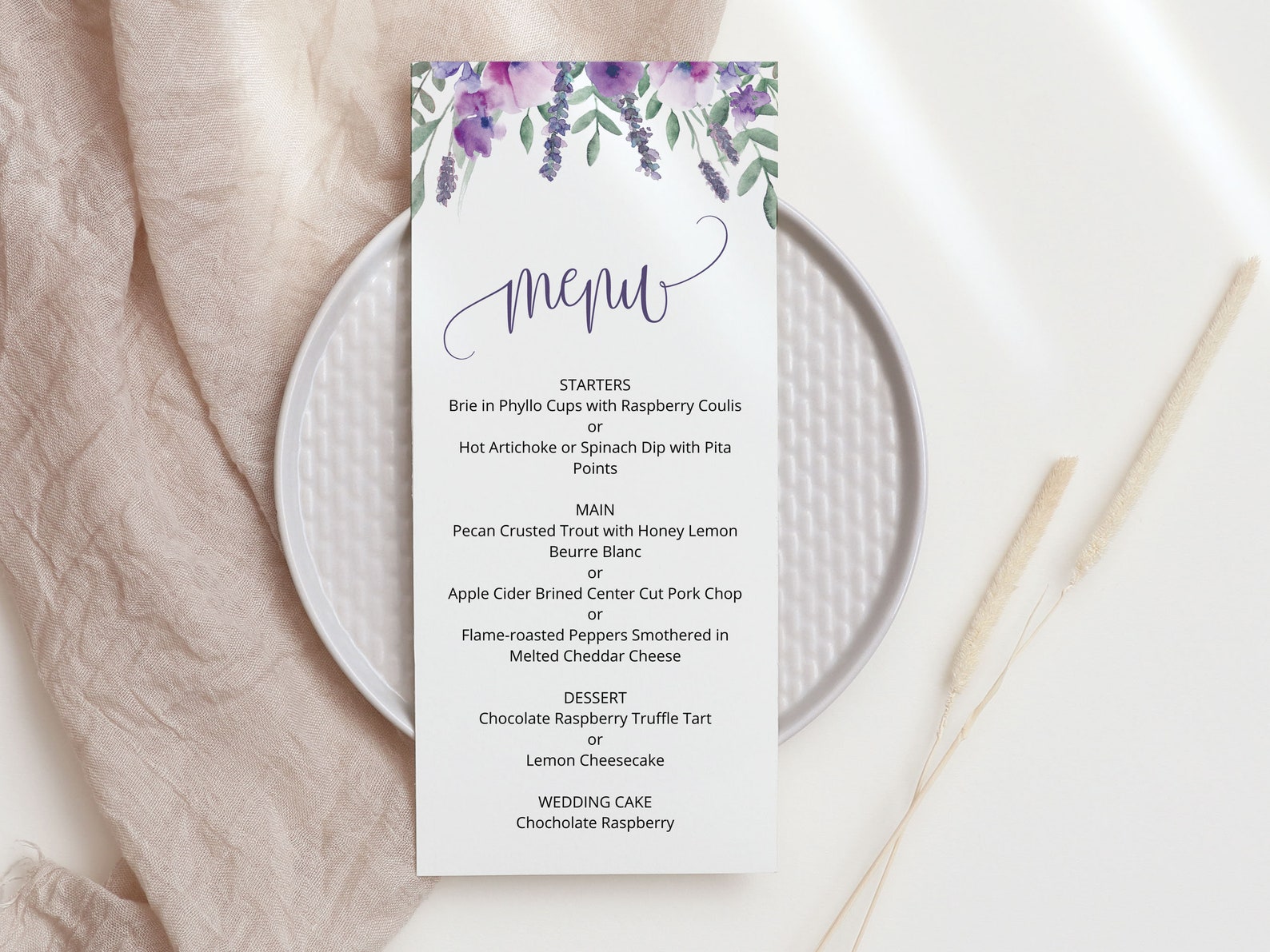 PURPLE Menu Card Template Printable Wedding Décor Digital - Etsy